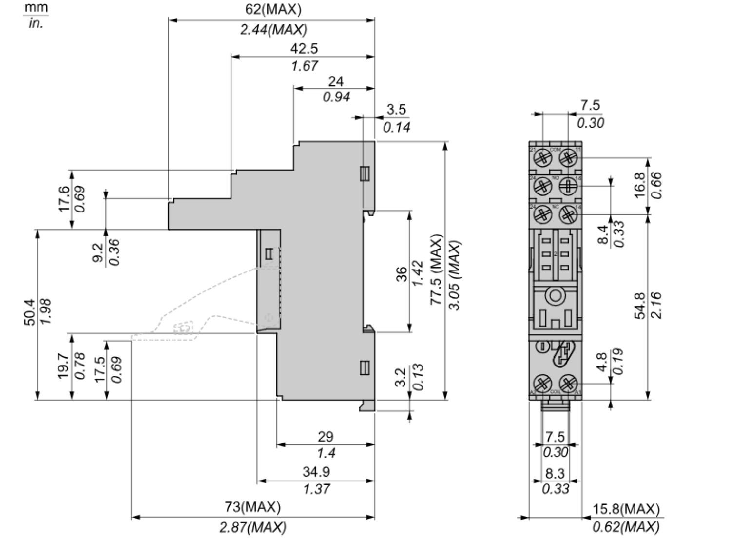 Base para Relé Schneider RGZE1S48M 250V 2 F/A RXG2